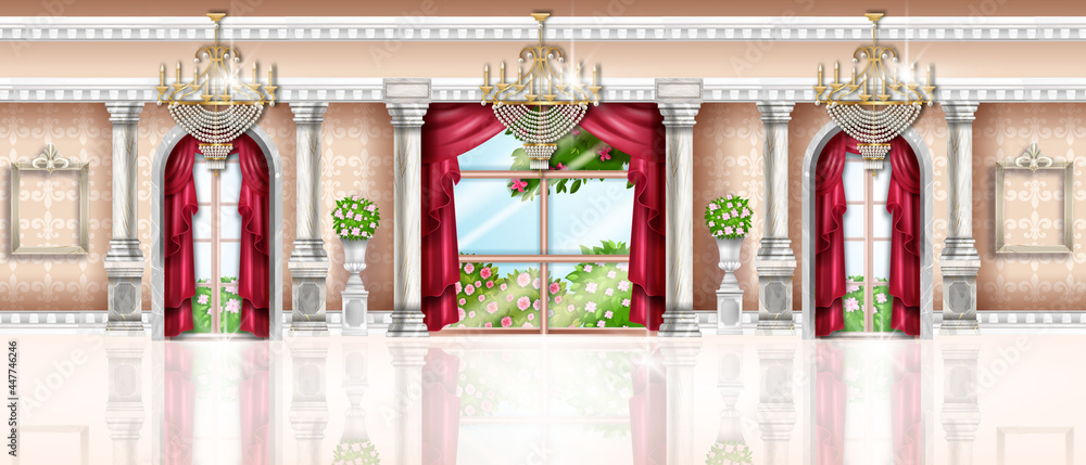 Royal palace interior background, vector wedding banquet hall, fairy ...