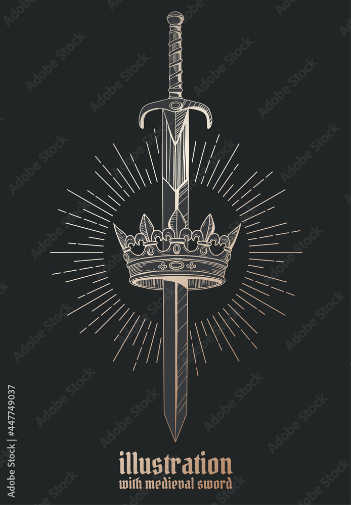 medieval sword isolated on black and gold background with crown Stock ...