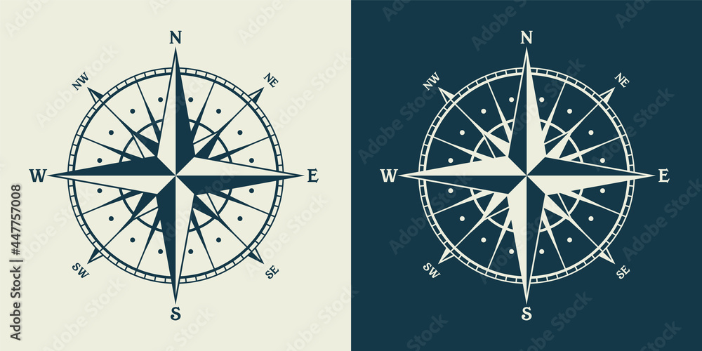 Vintage marine wind rose, nautical chart. Monochrome navigational ...