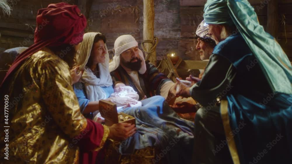 Wise Men praising Jesus Christ in barn nativity Stock Video | Adobe Stock