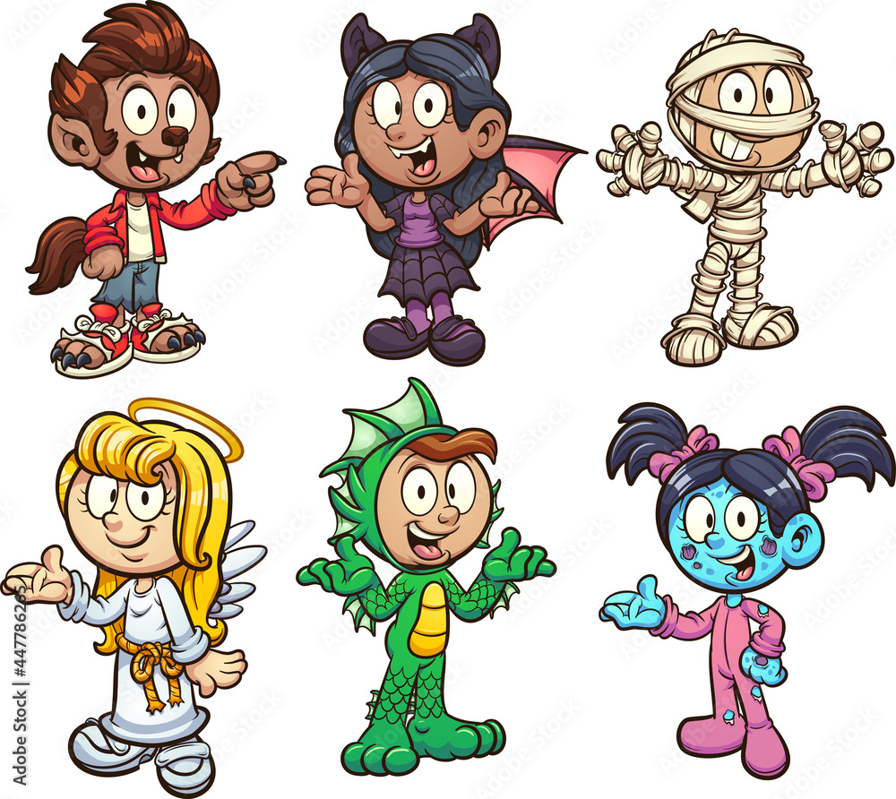 Halloween kids wearing different costumes. Vector clip art illustration ...