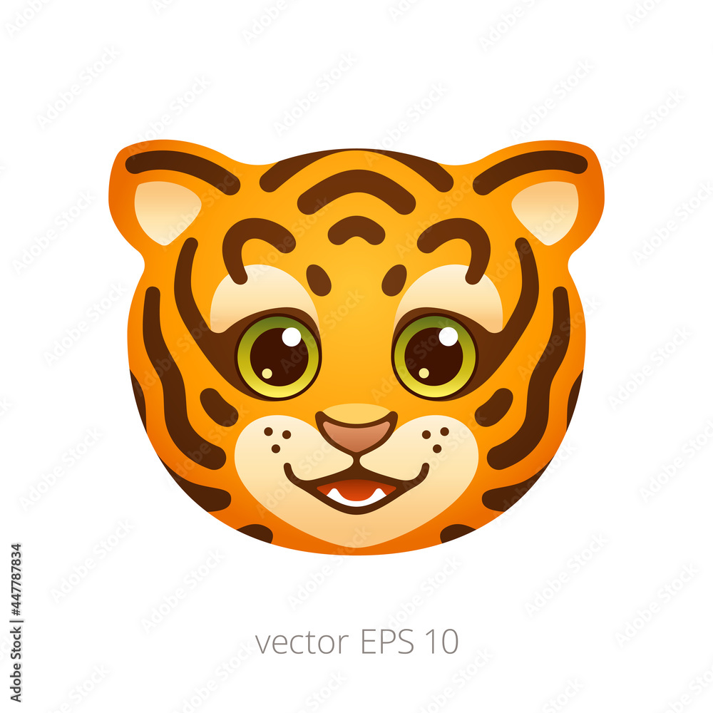 Funny tiger mask. Cute tiger cub emoji. Smiling muzzle of a young wild ...
