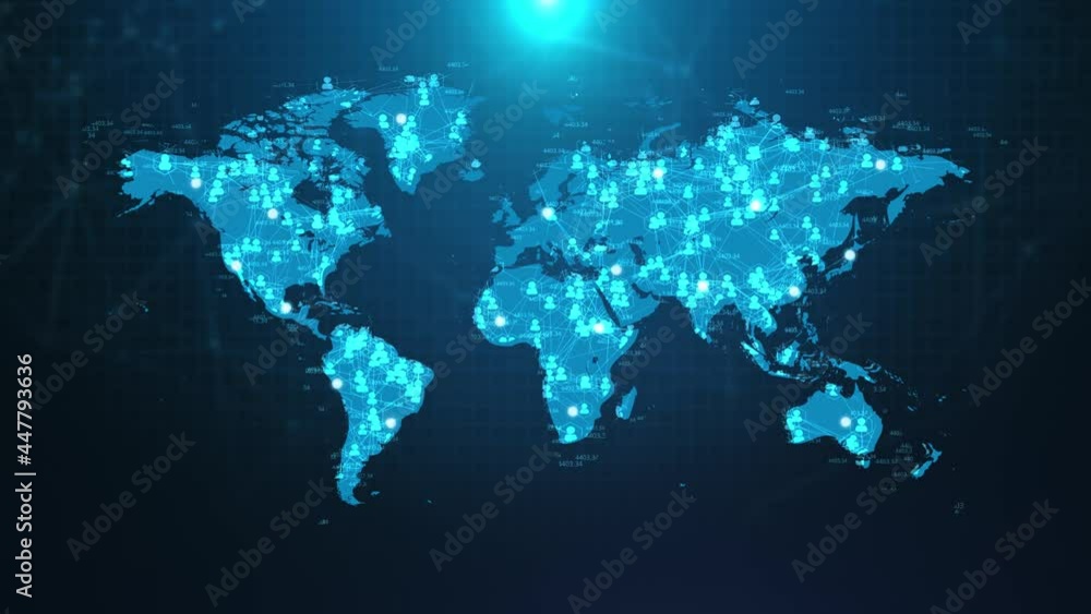 4k Loop World map user icon Global communication Animation Digital ...
