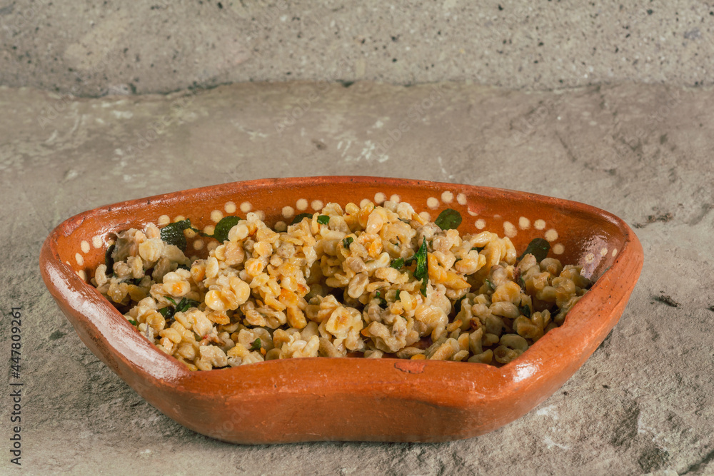 Escamoles (ant eggs) refried with tortilla chips and guacamole, traditional Mexican food of pre ...