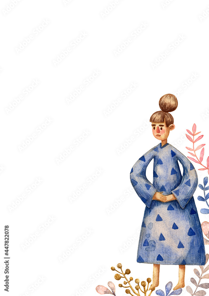 Cute girl. Rectangle frame. Watercolor illustration. Cartoon style ...