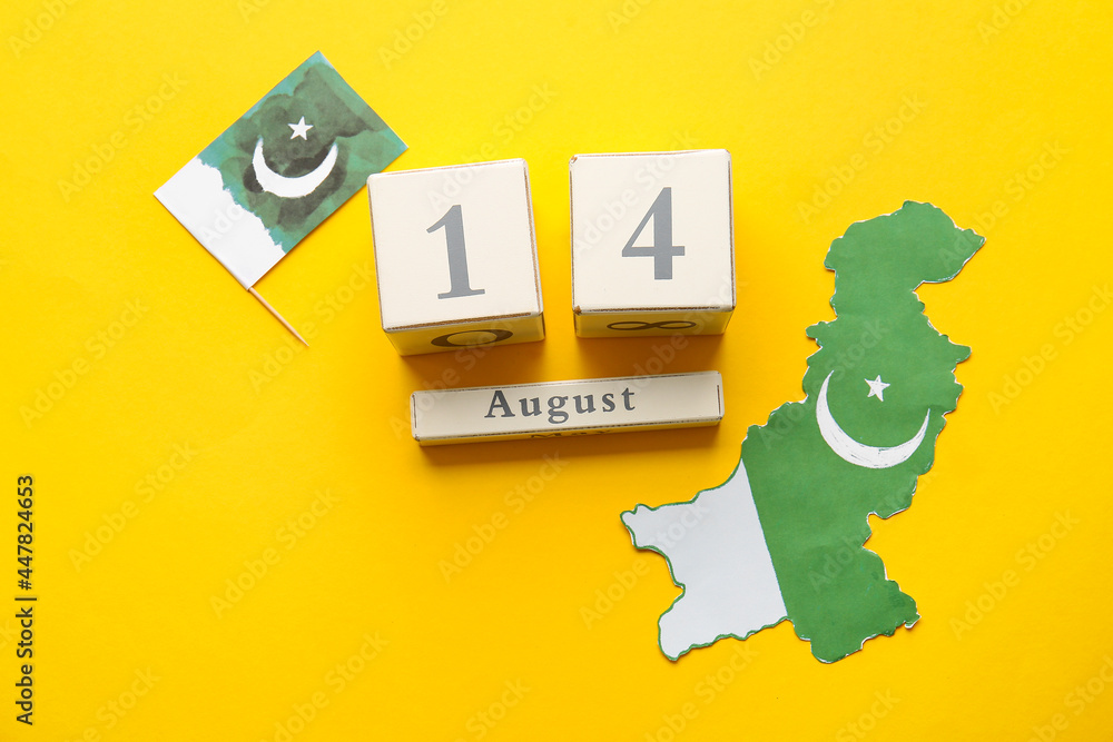 Flag and map of Pakistan, calendar with date of Independence Day on ...
