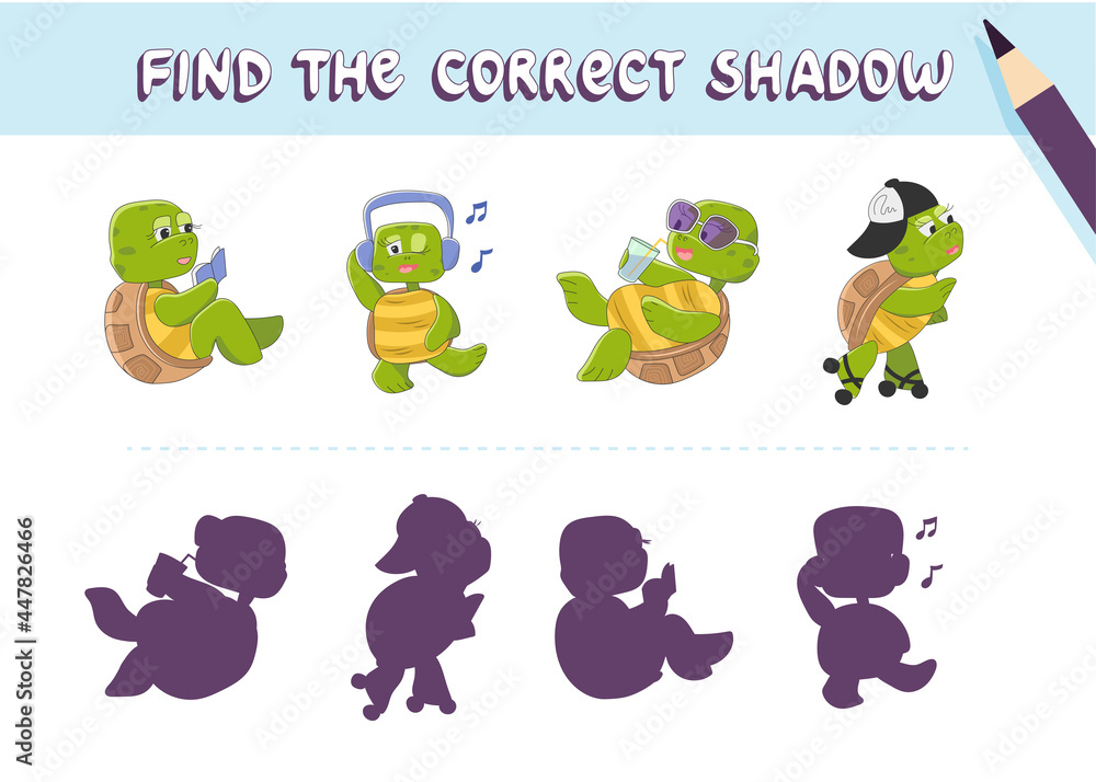 Find the correct shadow. Cute turtle character. Educational game for ...
