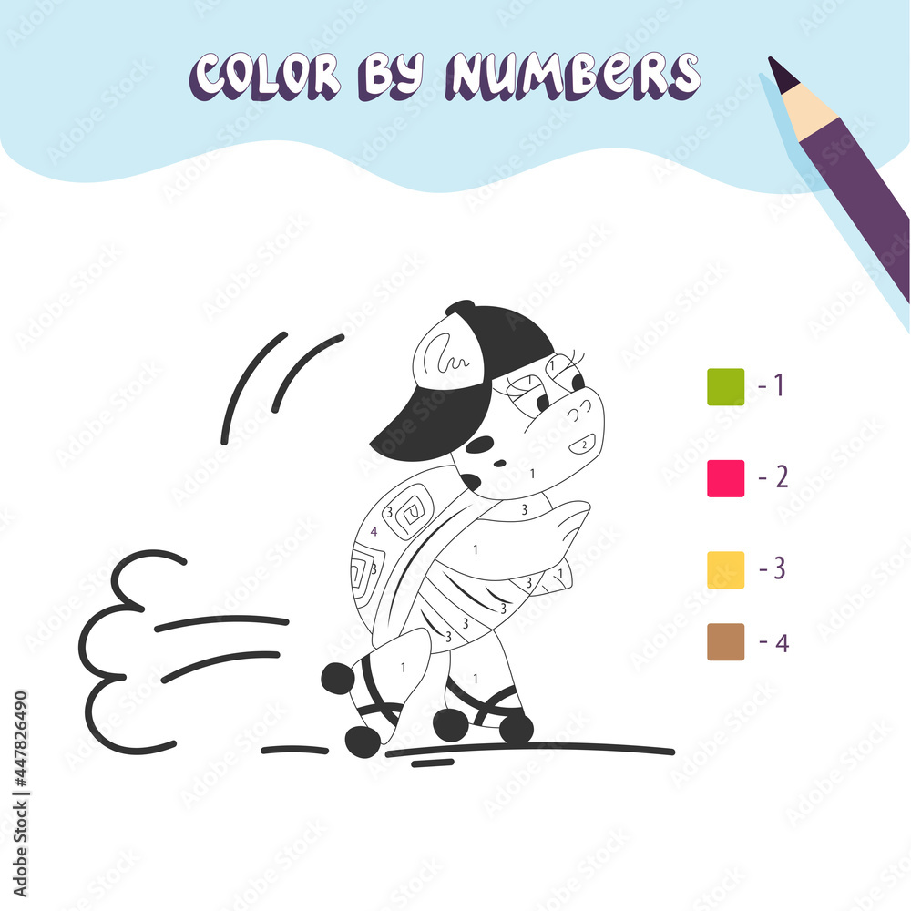 Coloring page with cute turtle character. Color by numbers. Educational ...