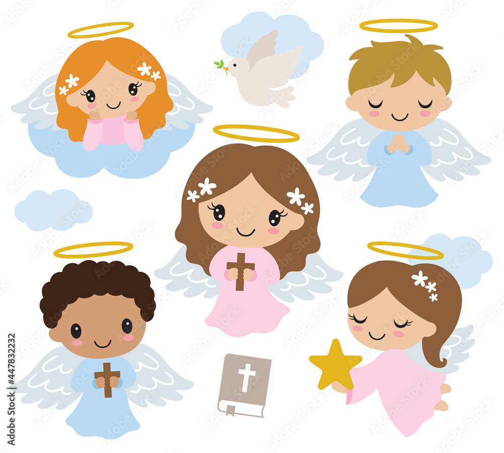 Cute little boy and girl baptism angels on the cloud praying and ...