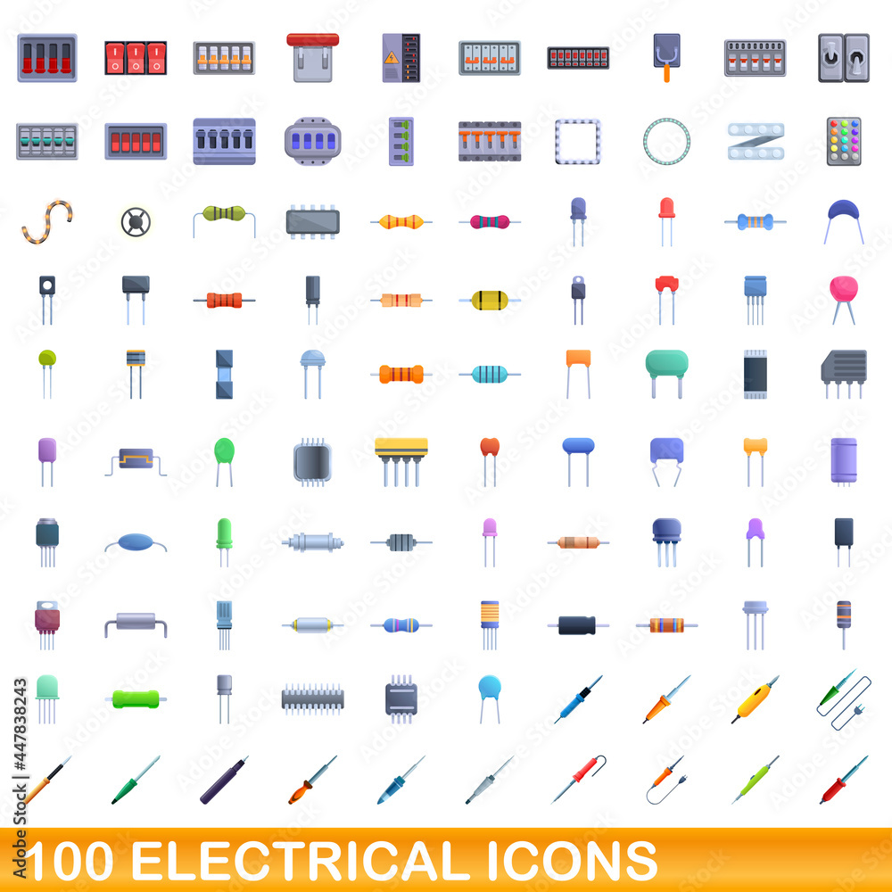 100 electrical icons set. Cartoon illustration of 100 electrical icons ...