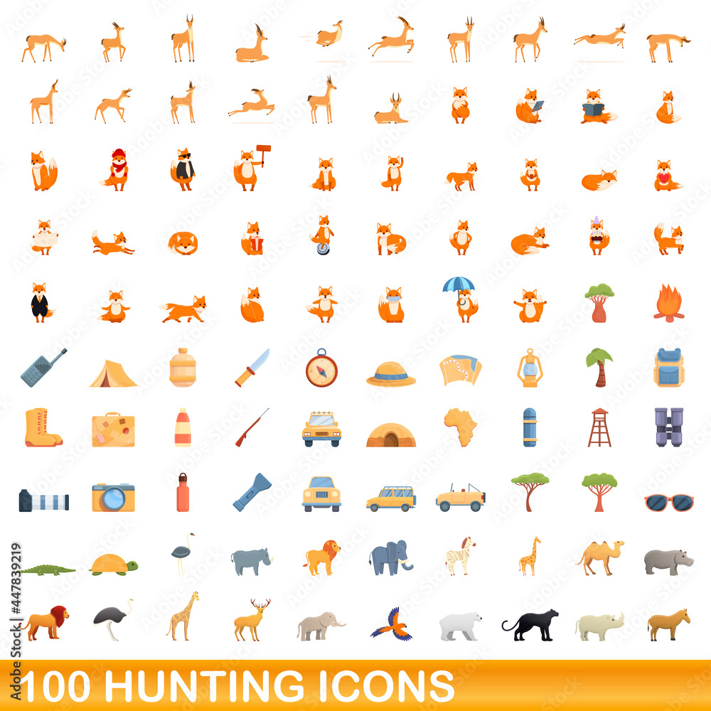 100 hunting icons set. Cartoon illustration of 100 hunting icons vector ...