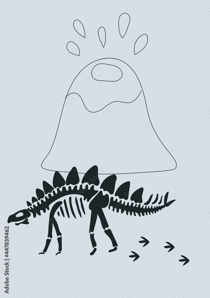 Dinosaur bones and volcano . Funny Vector illustration Dino skeleton in ...