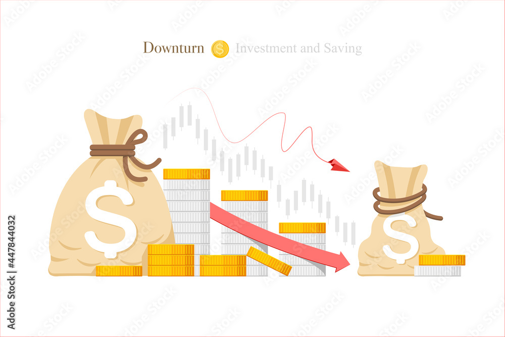 Economic downturn. Consisting of arrow down, money bag, graph and chart ...