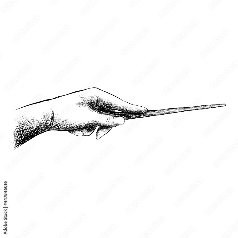 Hand holding a magic wand, black outline illustration isolated on white ...