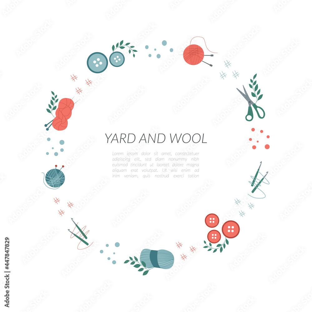 Vecteur Stock Knitting tools and yarn pattern circle border with text ...