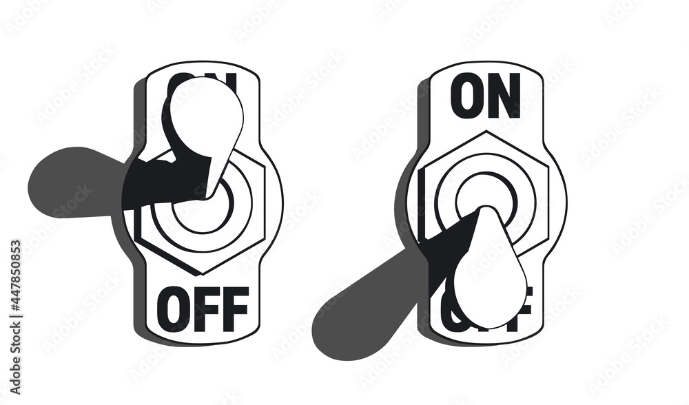 Set of toggle switches turned on and turned off. High contrast black ...