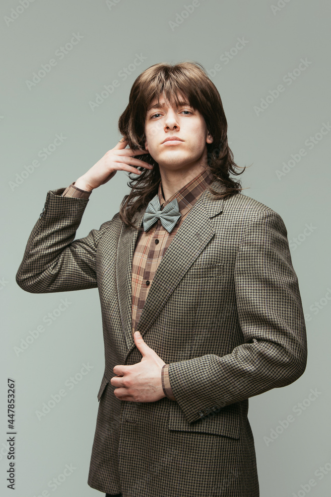 Caucasian man's portrait in retro style, fashion of 70s, 80s years ...