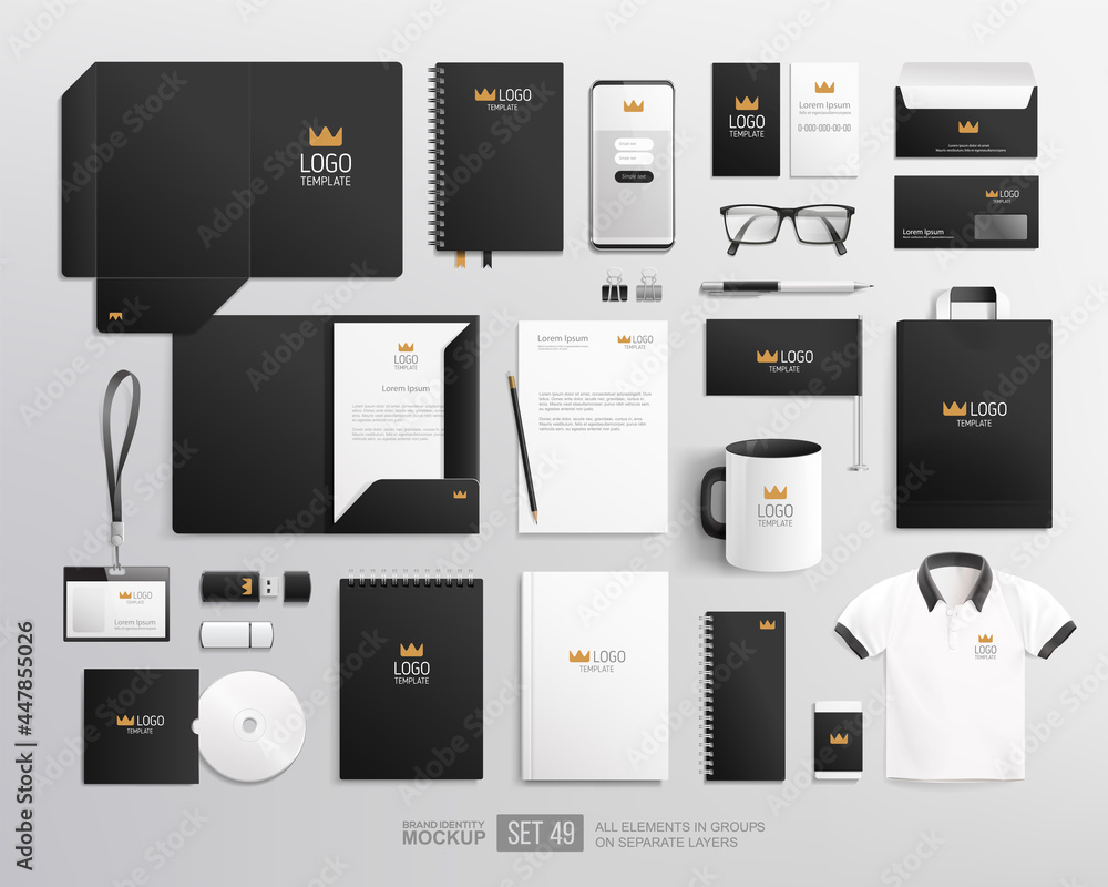 Realistic office stationary with black design Corporate identity mockup ...