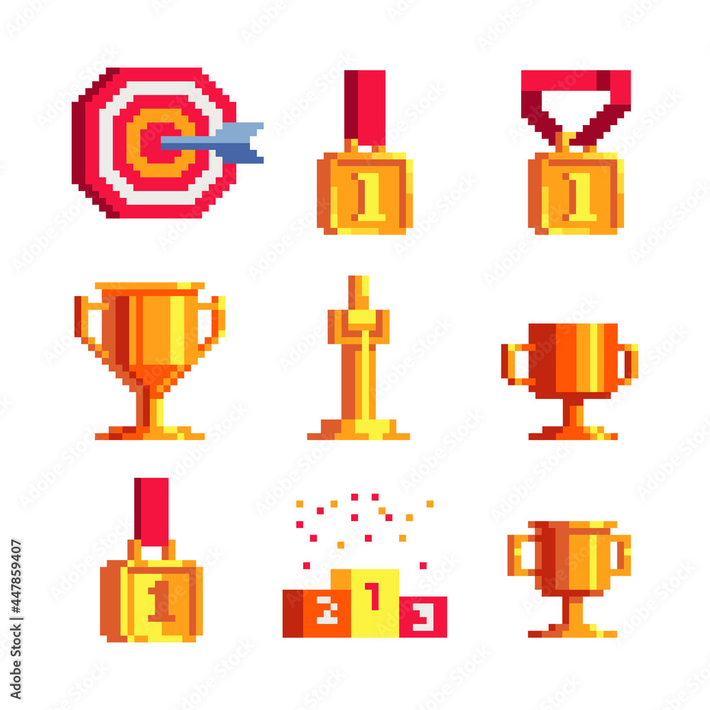 Winner's trophy award. Goblet and gold medal pixel art icon. Winners ...