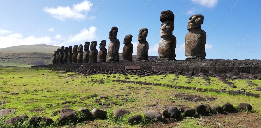 13 moai in Ahu Tongariki, Easter Island. Giant monoliths enclosed ...