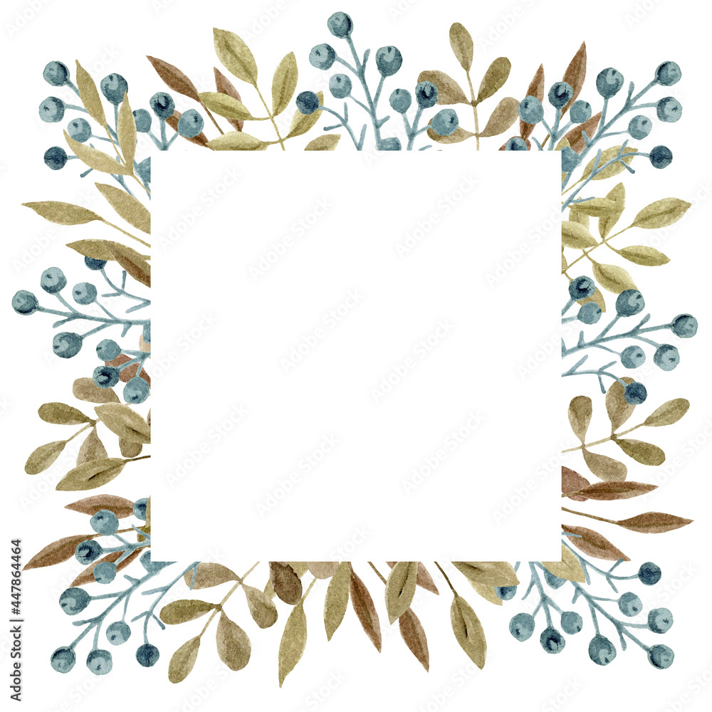Hand drawn watercolor painting with greenery frame composed of green ...