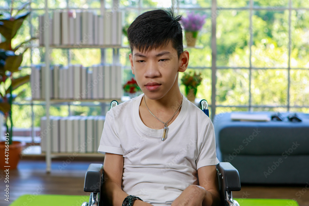 Portrait of Asian handicapped boy sitting on wheelchair and pose to ...