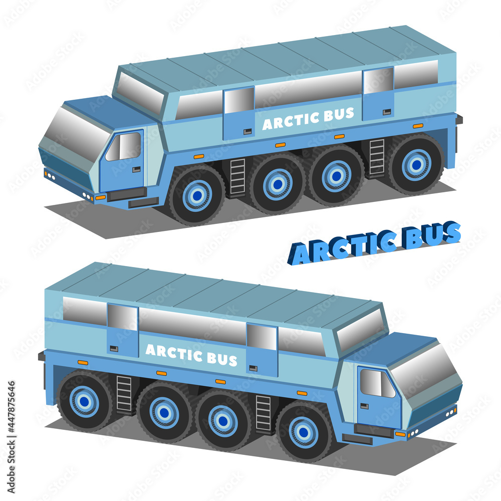 3D volumetric passenger transport. Arctic bus in two projections on a ...