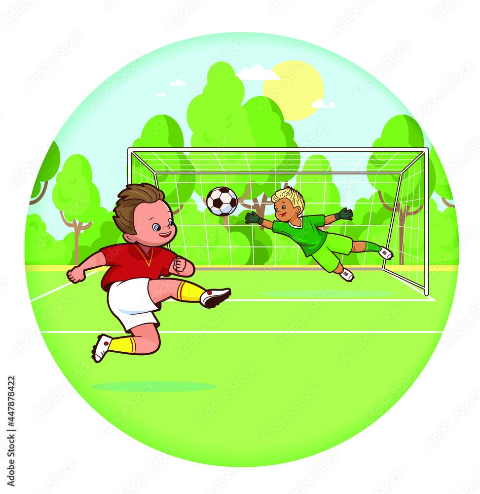 Two footballers play soccer on the field, scoring a goal. Greeting card ...