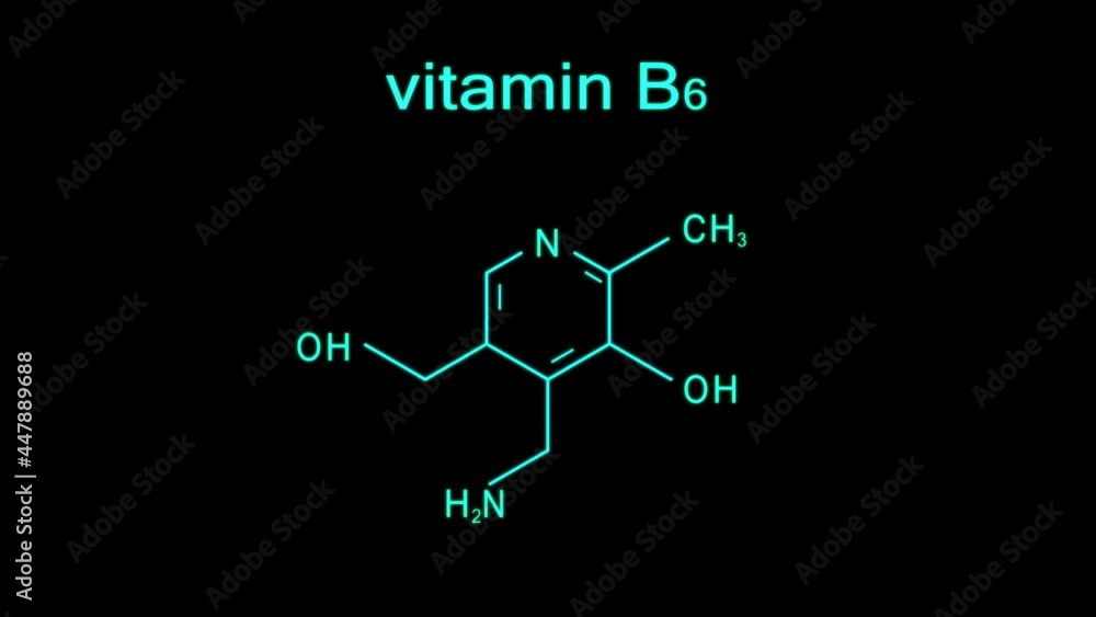 Black background of glowing chemical formula of vitamin B6. Molecular ...