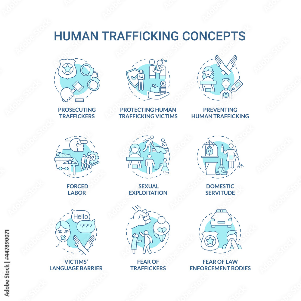 Human trade blue concept icons set. Human trade and slavery idea thin ...