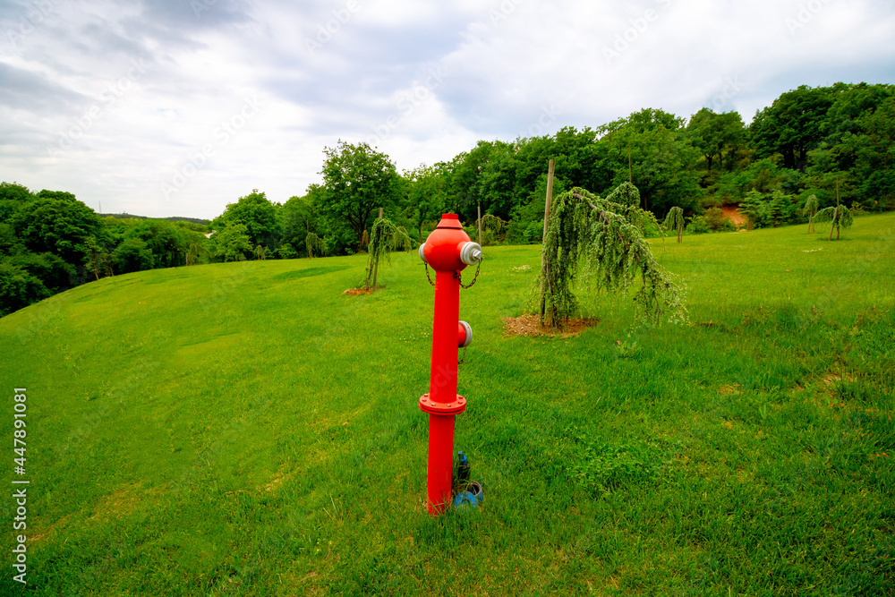 Fire Hydrant in the forest. Protection of the forest by fires. Red fire ...