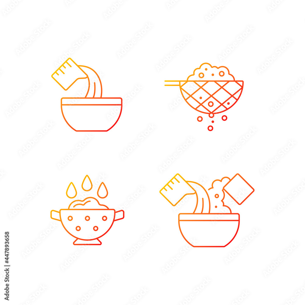 Food preparation instruction gradient linear vector icons set. Pour ...