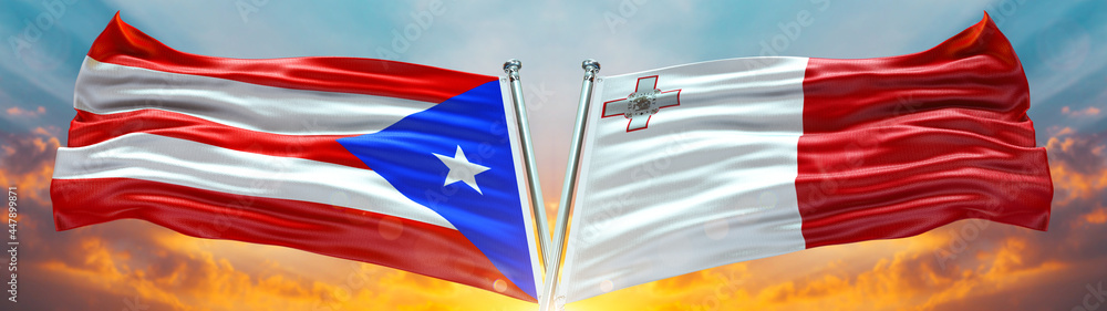 Puerto Rico Flag and Malta flag waving with texture sky Cloud and ...