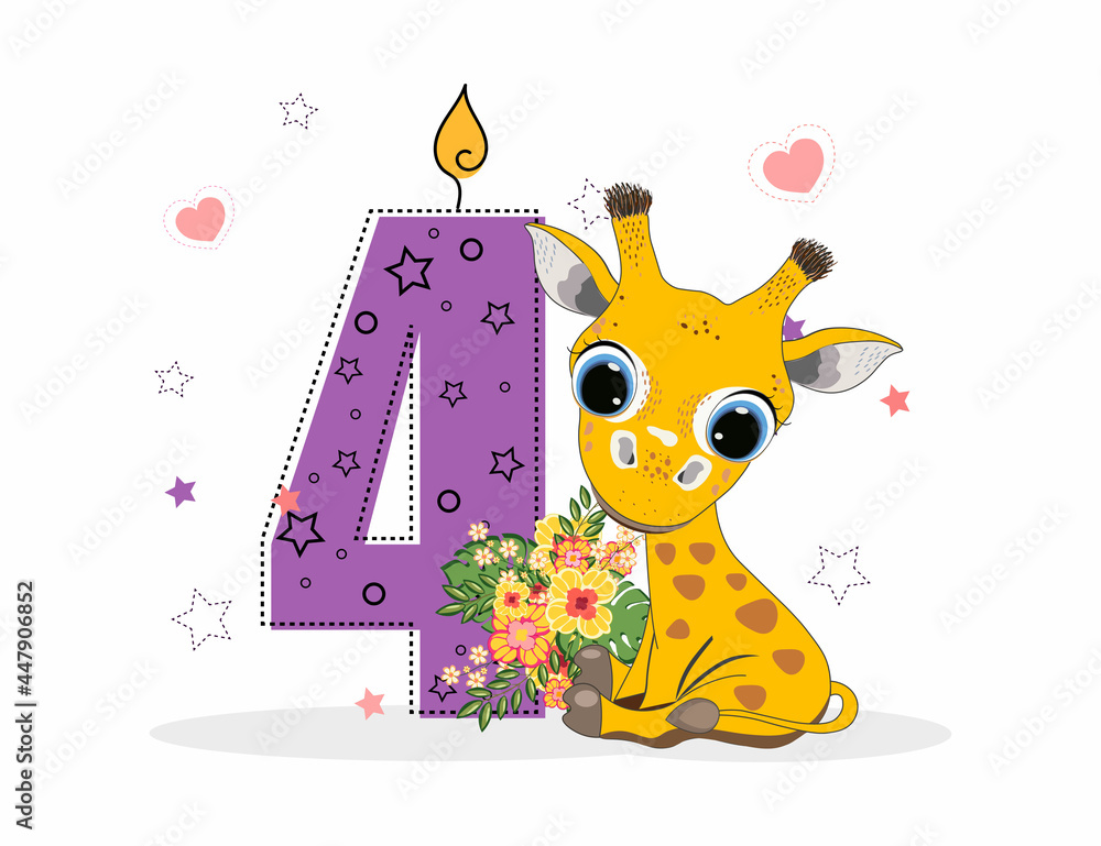 Cute Cartoon little giraffe with number four. Perfect for greeting ...