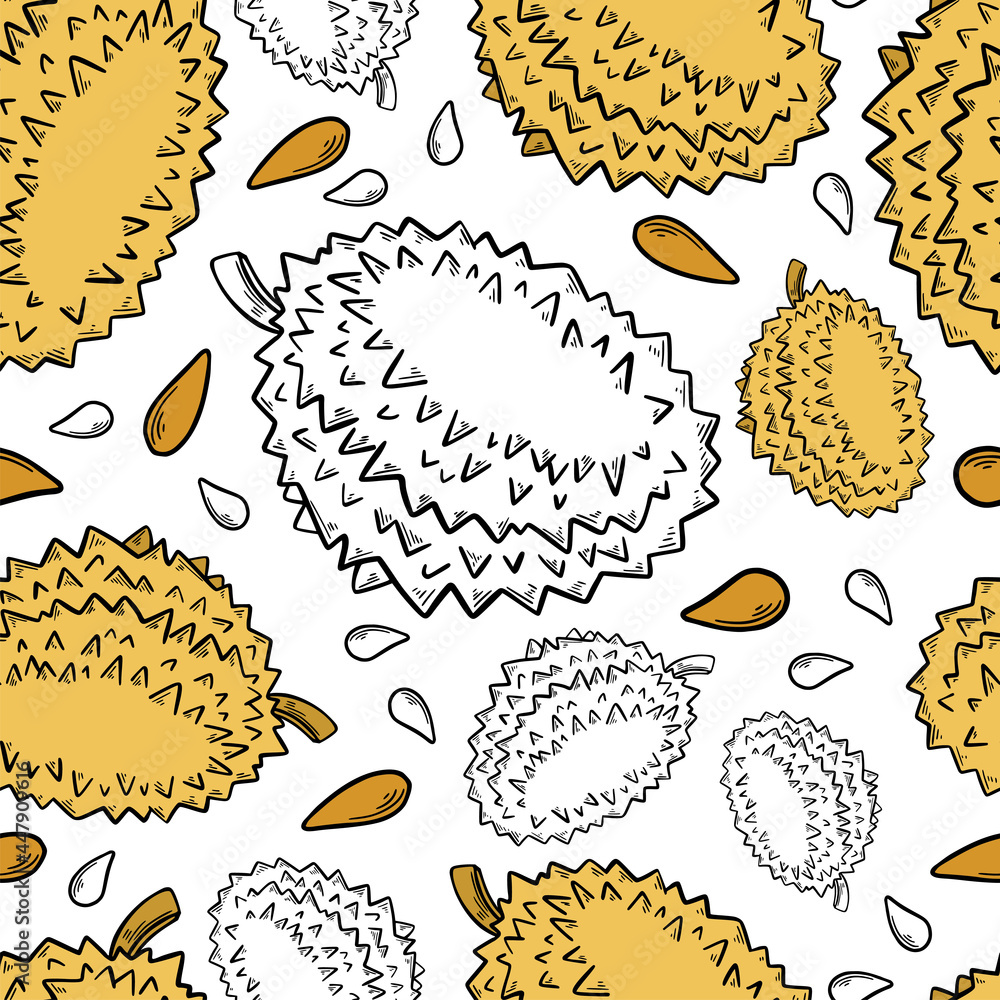 Yellow durian hand drawn seamless pattern in color and black outlines ...