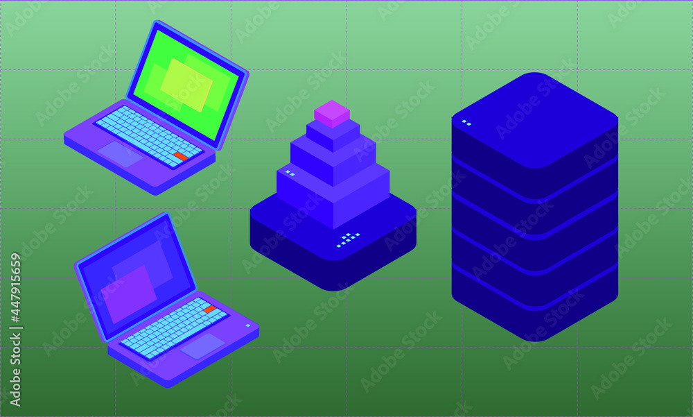set of isometric laptops, web servers, hubs, routers. Network componets ...