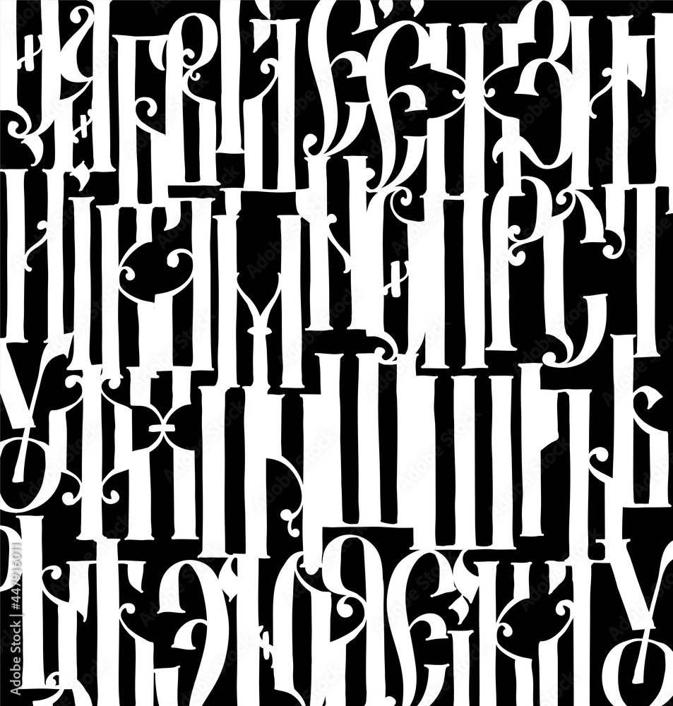 Pattern from the Old Russian font. Cyrillic white letters on a black ...