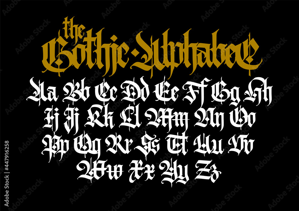 Gothic. Uppercase and lowercase white letters on a black background ...