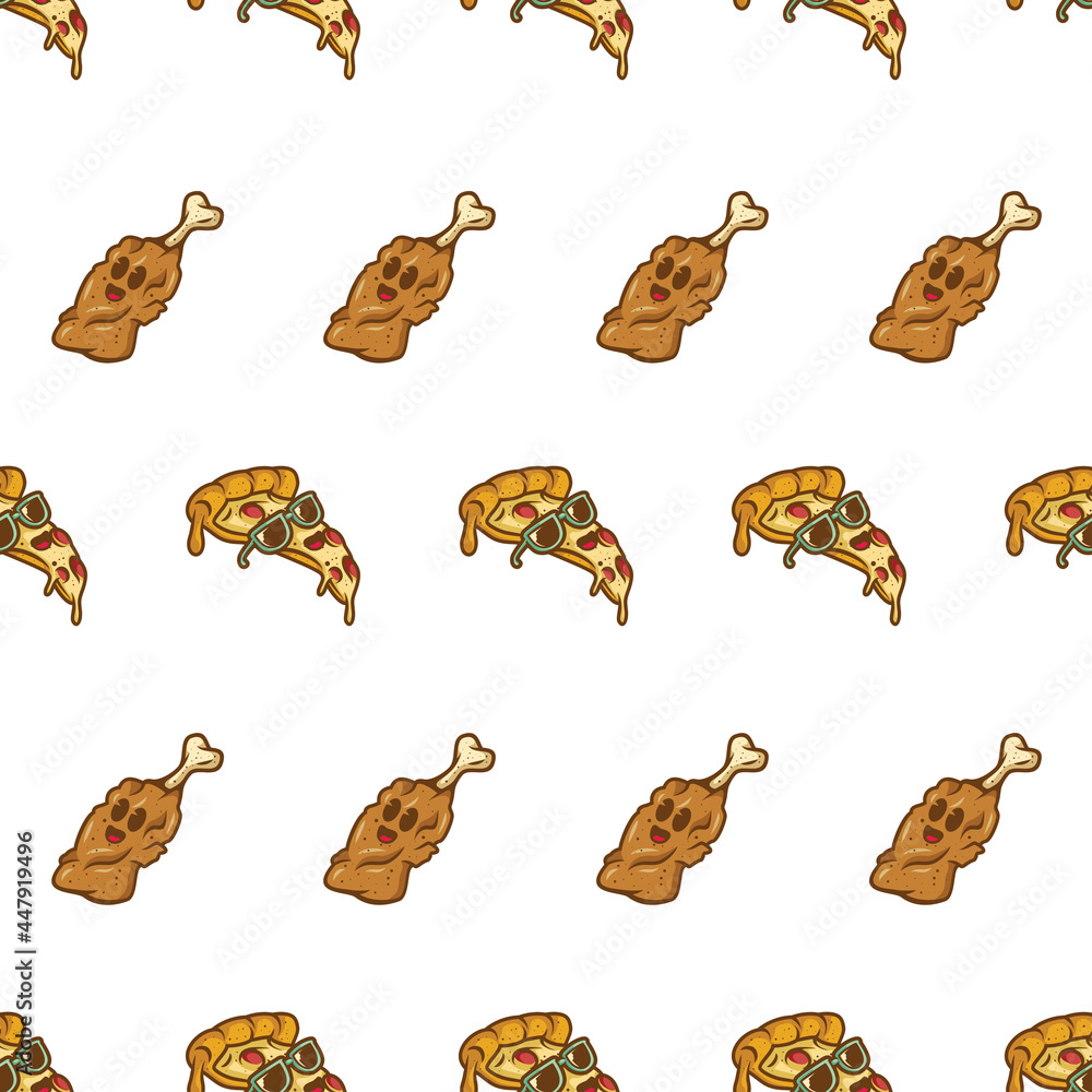 Simple seamless pattern of cool cheese pizza and fried chicken colored ...