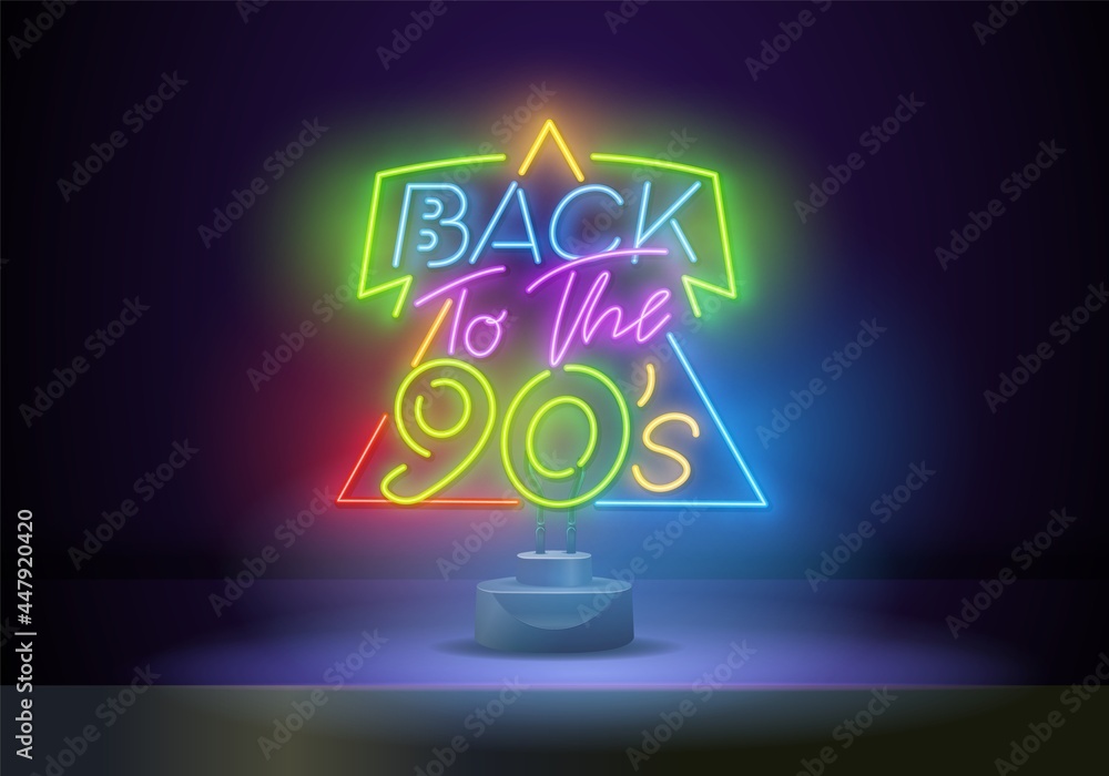 Back to the 90's neon sign, bright signboard, light banner. Vector ...