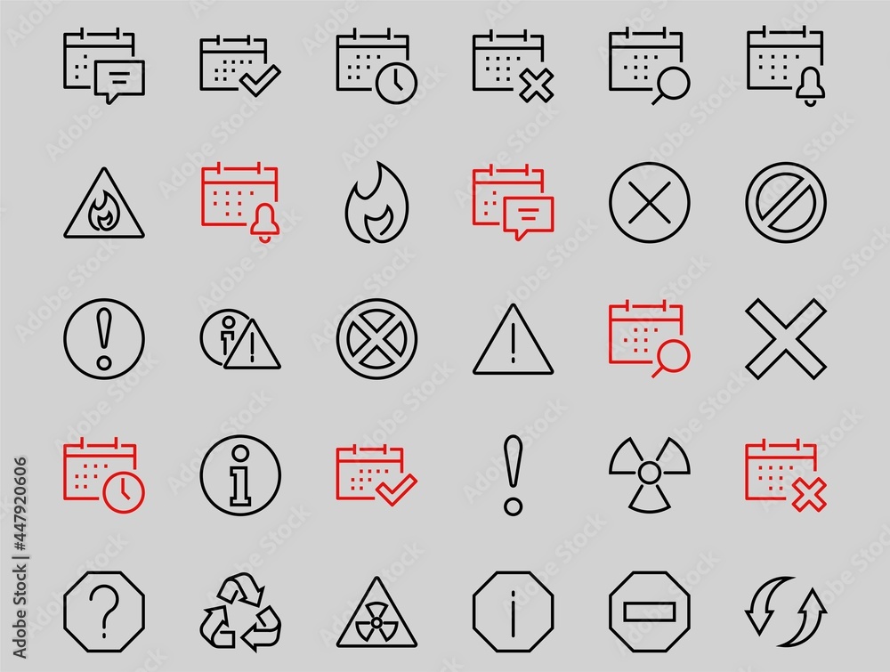 WARNINGS simple set of thin line vector icons. Contains icons such as ...