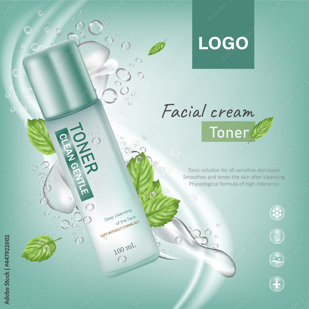 cosmetics bottles ad banner with mint, water splashes, and droplets on ...