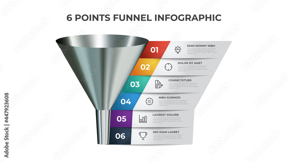 Funnel infographic diagram, chart element with 6 points, list, options ...
