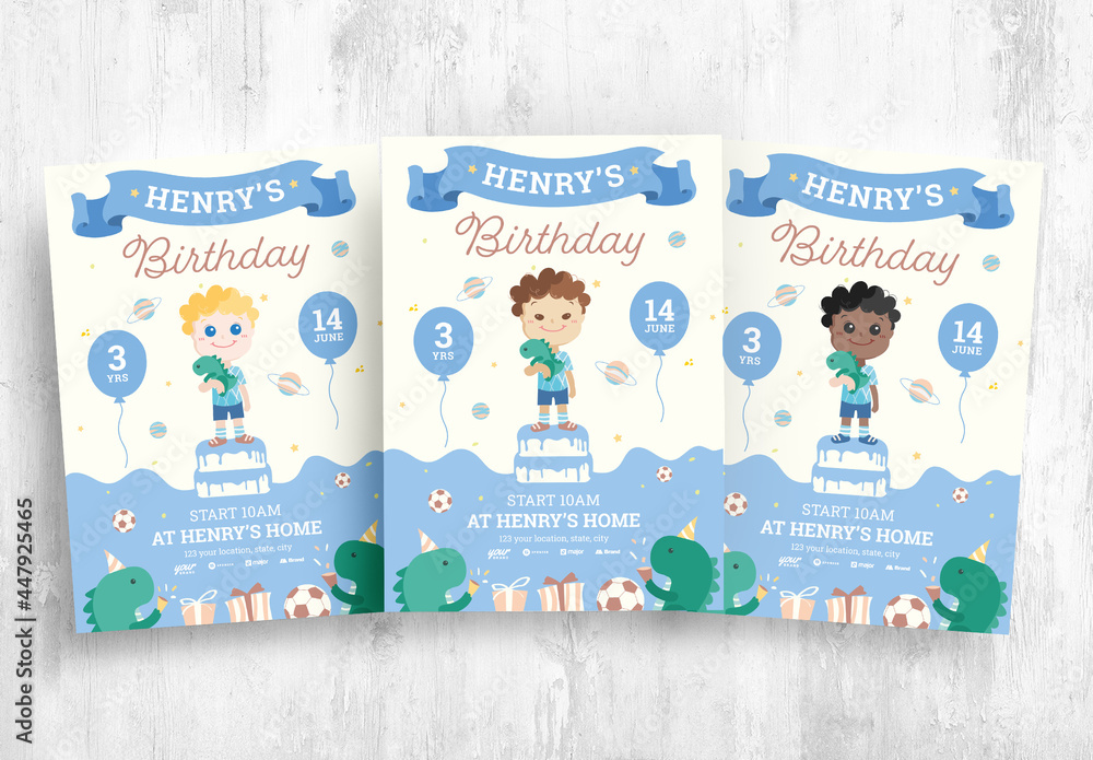 Blue Boys Birthday Flyer Card with Character Illustrations Stock ...