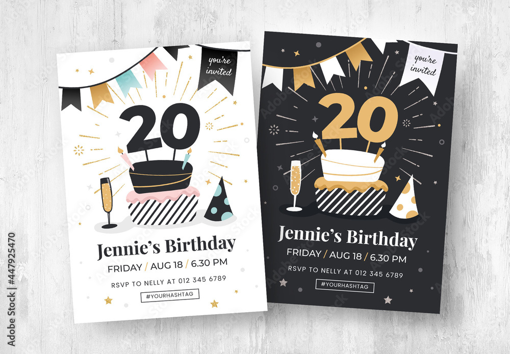 Illustrated Birthday Party Flyer Card with Cake and Champagne ...