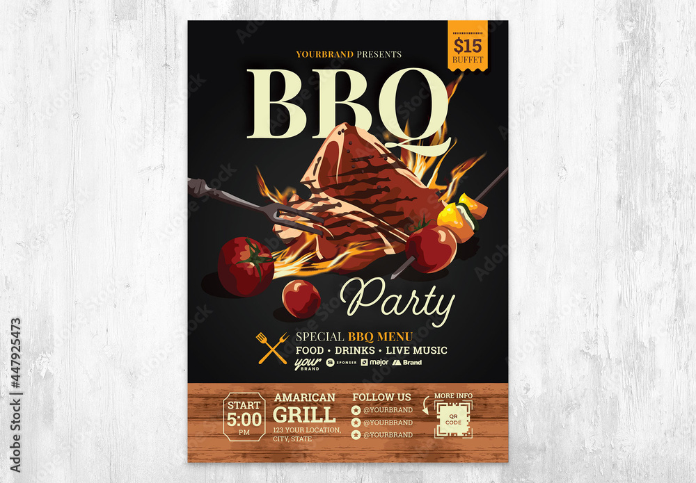 BBQ Flyer Layout for Barbeque Party with Grilled Meat Vector Stock ...