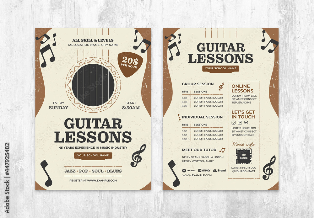 Guitar Lessons Flyer for Music School and Acoustic Indie Gig Events ...