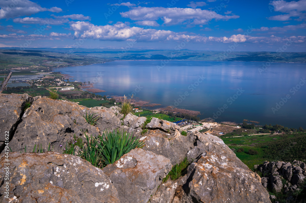 Beautiful view of the Sea of Galilee from the cliff of Mount Arbel ...