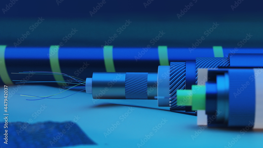 Submarine cable, power cable high voltage in the seabed. 3d render ...