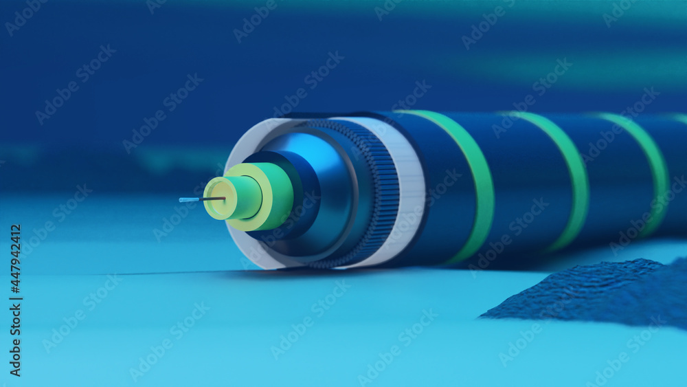 Submarine cable, power cable high voltage in the seabed. 3d render ...